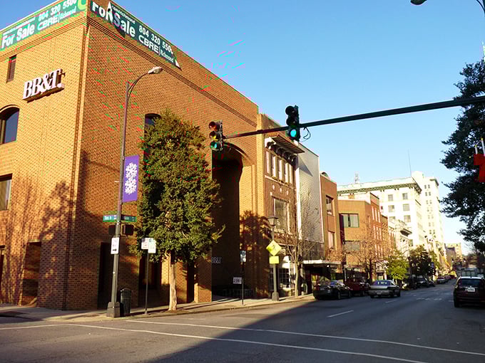 The charming main street, anchored by a corner brick building, creates a timeless and welcoming atmosphere.