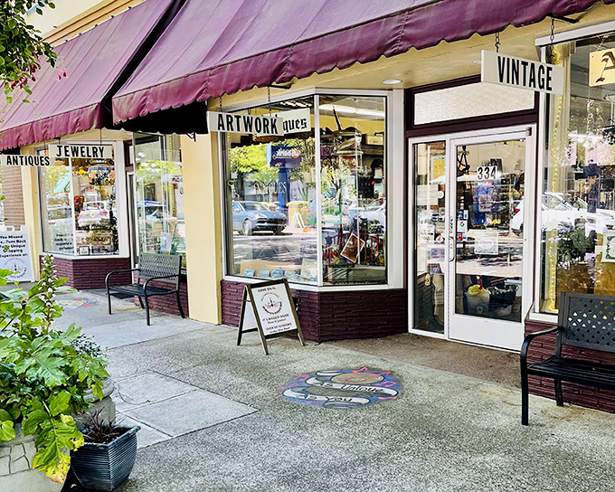 Window shopping takes on new meaning at this charming McMinnville storefront. Those purple awnings promise more fun than a 1970s leisure suit!