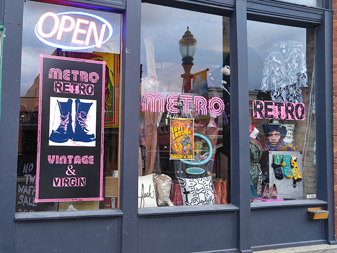 Neon signs and colorful displays create an inviting portal to decades of forgotten fashion treasures.