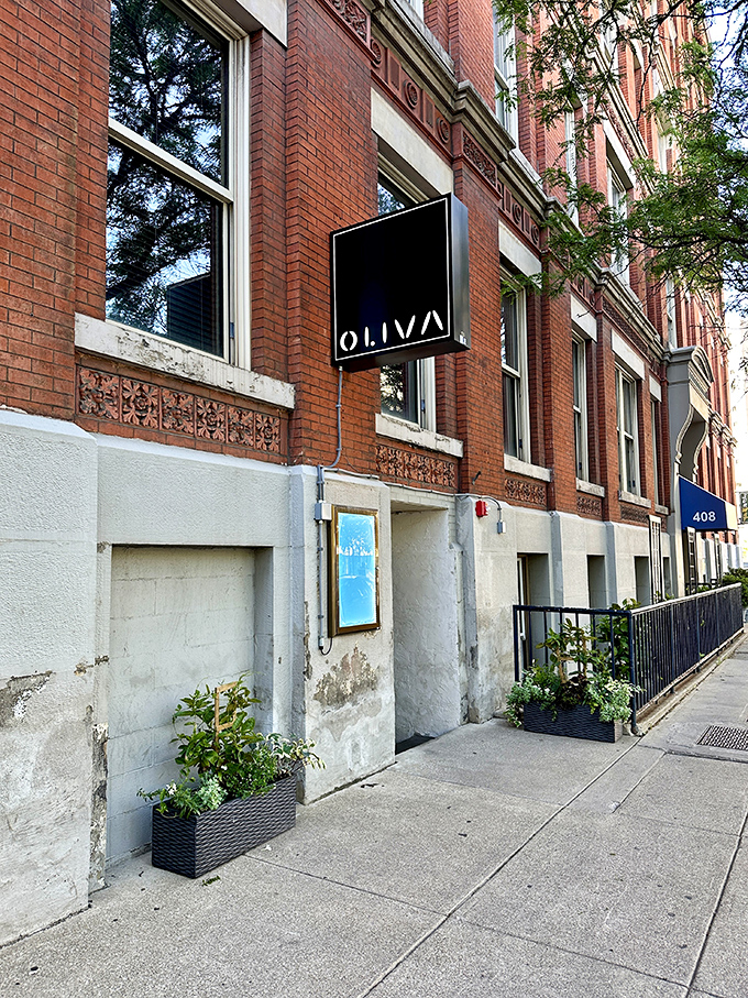 That sleek black OLIVA sign against weathered brick tells the story of old Cleveland reinventing itself with exceptional cuisine.