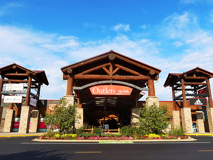Lodge-style architecture makes outlet shopping feel like part of your Wisconsin wilderness adventure experience.