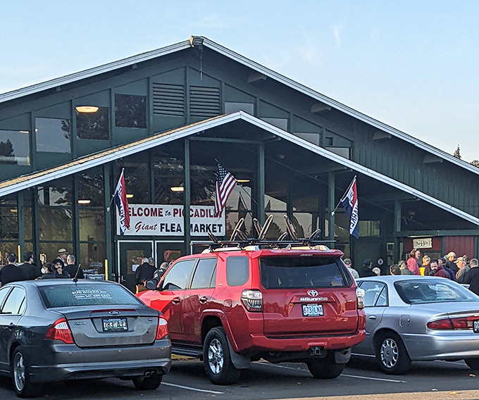 Cars line up like eager contestants waiting to enter Picc-A-Dilly's treasure hunt. That red SUV knows what's up&mdash;the early bird gets the vintage vinyl!
