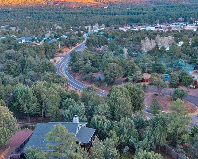 Pine's tree-lined streets curve gently through neighborhoods where ponderosa pines stand like natural skyscrapers.