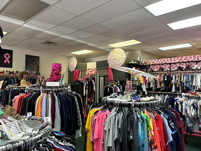 Inside this pink paradise, racks of colorful clothing await their second chance at fashion stardom.