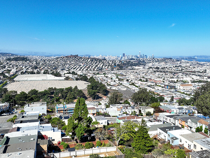 This aerial view shows how perfectly Portola nestles into its mountain valley like a hidden gem.