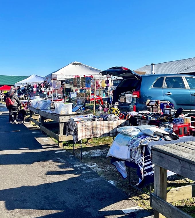 Tented treasures await under perfect blue skies. The mountain air makes everything seem like a better purchase – even that third garden gnome.