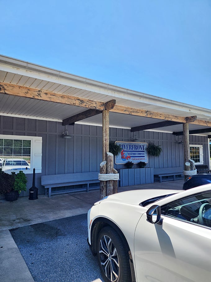 Humble exterior, hanging plants, wooden posts – feels like your neighbor's house if they served incredible seafood.