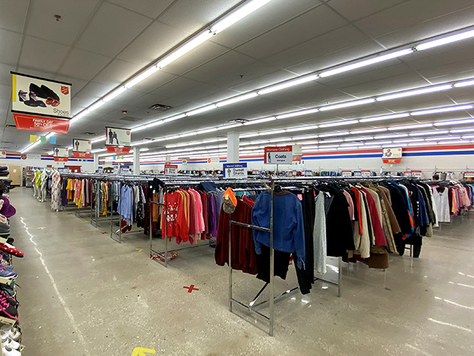 Bright fluorescent lights illuminate endless rows of possibilities in this thrift shopping cathedral of bargains.