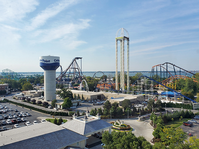 Cedar Point's thrilling skyline dominates Sandusky's horizon, promising excitement for visiting grandchildren and adventurous retirees.