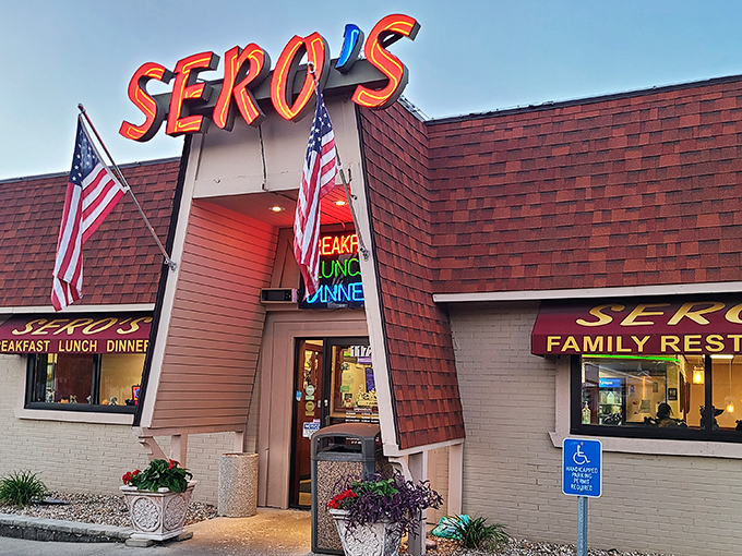 Multiple signs mean multiple reasons to stop - breakfast, lunch, and dinner await inside.