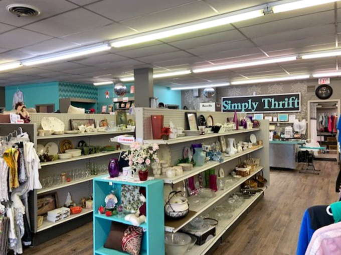 Turquoise accents and organized displays prove that cozy spaces can pack serious thrift store punch.