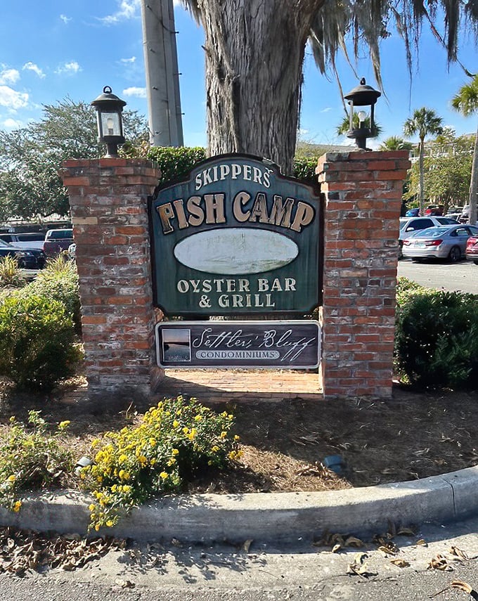 That classic green sign promises what Skipper's delivers &ndash; an authentic fish camp experience without the sleeping bags or mosquitoes.