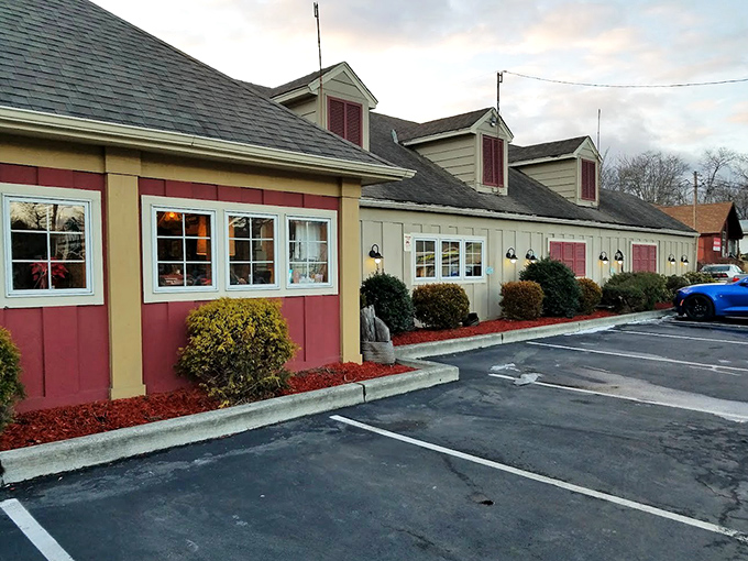 The cheerful paint job and nautical theme create a tropical escape in the heart of the Poconos.