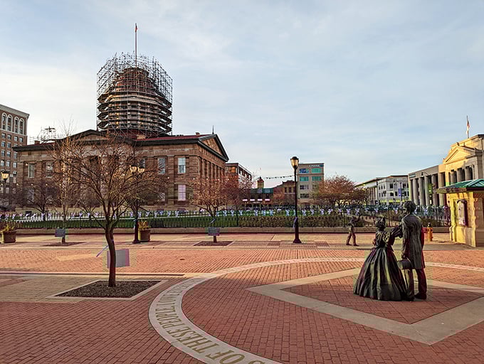 Springfield's historic Old State Capitol Square, where Lincoln once walked and modern wallets breathe easier thanks to affordable dining options nearby.