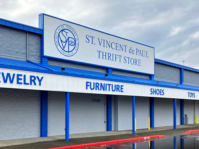 Clear department signs make navigation easy in this massive thrift store that serves both shoppers and the community.