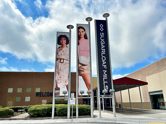 Welcome banners and towering displays hint at the shopping marathon waiting inside this retail wonderland.