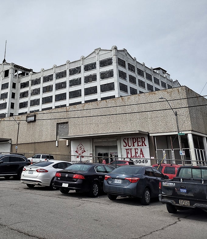 The urban backdrop adds character to this flea market adventure in the heart of Kansas City.