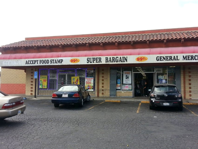 The sign says it all: food stamps welcome, super bargains guaranteed, and general merchandise galore!