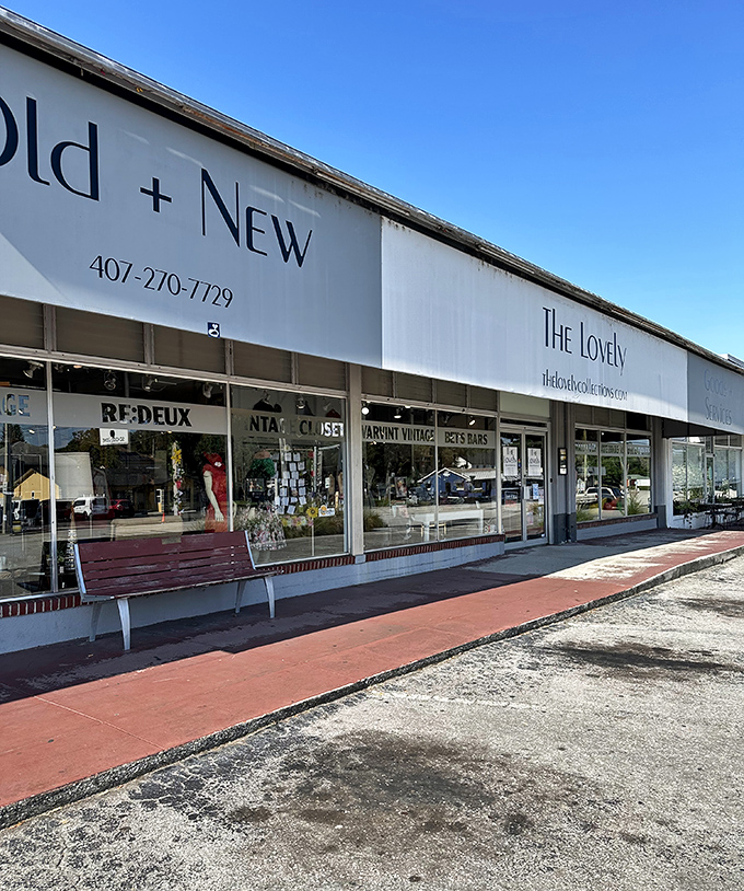A welcoming bench invites shoppers to pause outside The Lovely. This isn't rush-in, rush-out shopping&mdash;it's an experience to be savored.