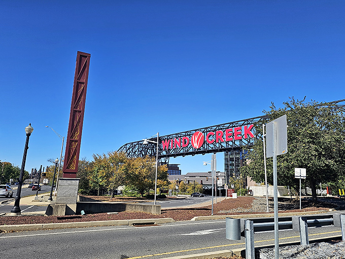 That red bridge spans more than just space - it connects shoppers to a world of possibilities below.