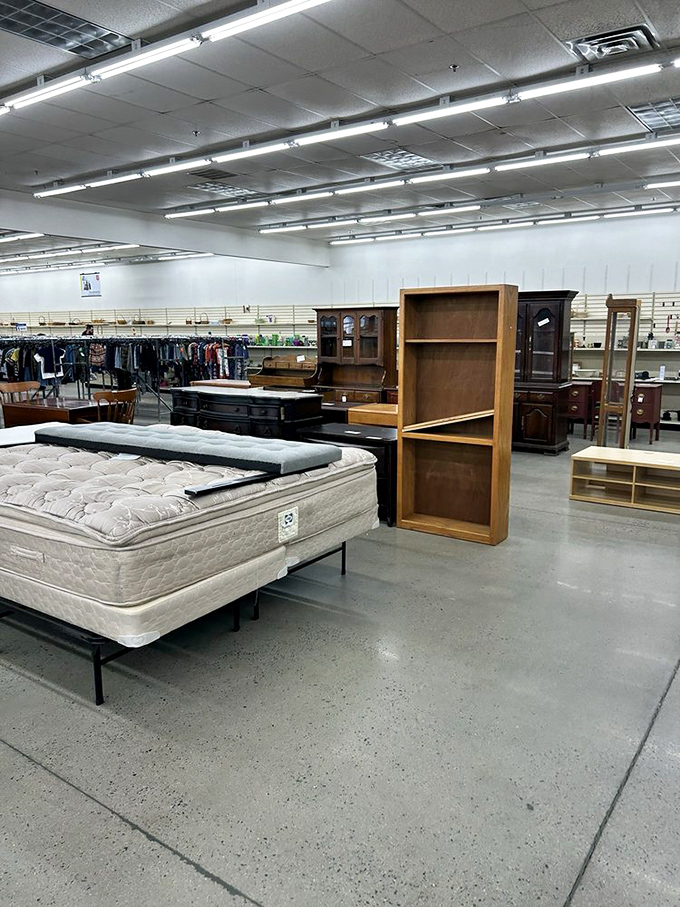 Mattresses, bookcases, and endless possibilities fill this spacious Salvation Army showroom of secondhand treasures.