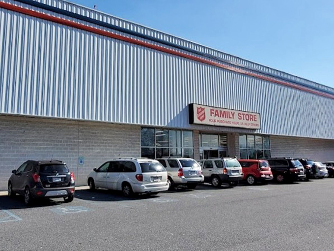 This unassuming exterior hides a warehouse of possibilities. The Salvation Army's thrift empire stretches wide behind these doors.