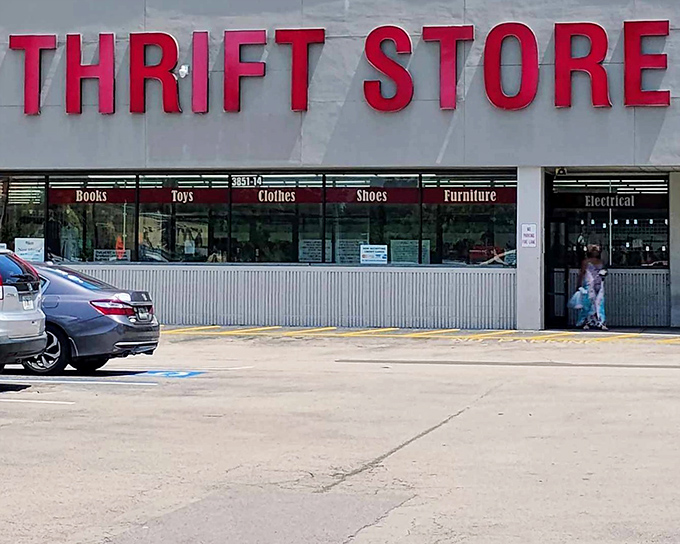 Books, toys, clothes, shoes, furniture... The Thrift Store's window advertises a wonderland of possibilities inside.