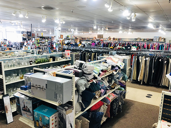 The inside reveals endless aisles of possibilities where one person's castoff becomes another's treasure.