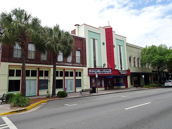 Valdosta's historic theater marquee lights up the downtown, offering cultural entertainment without big-city prices for retirees.