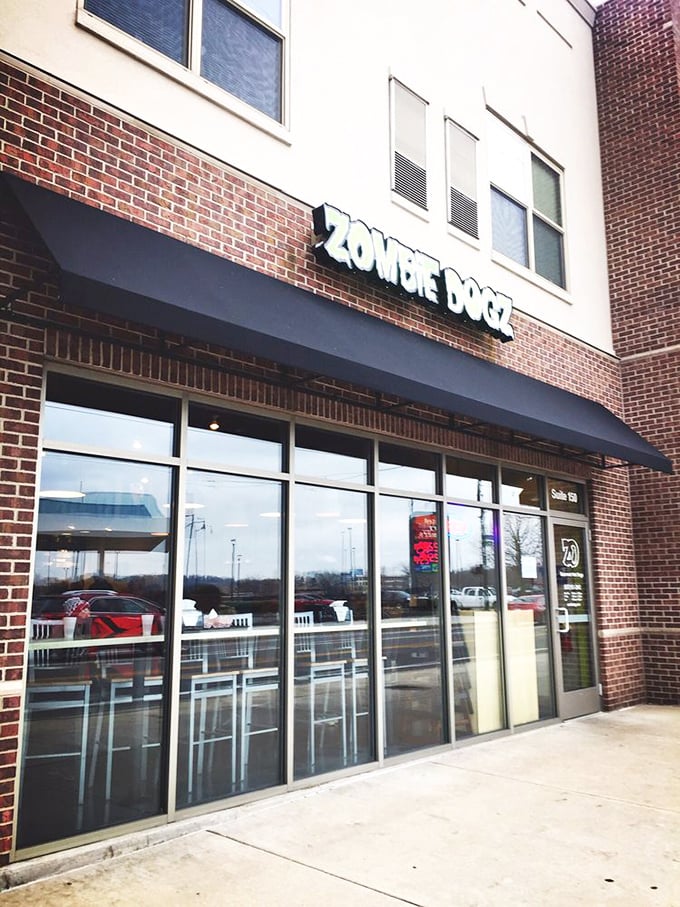 The contemporary storefront hints at the playful creativity that makes ordinary hot dogs absolutely extraordinary inside.