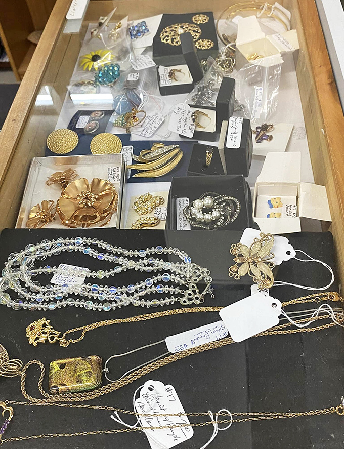 Treasure chest alert! This jewelry display contains someone's future heirloom, just waiting for the right wrist, neck, or finger to call home.