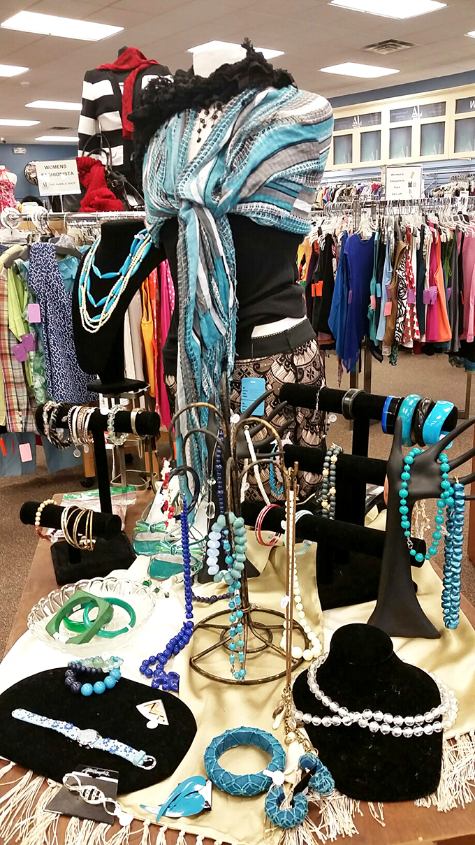 A color-coordinated jewelry display that would make even a minimalist reconsider their life choices. Those turquoise beads are practically singing "take me home."