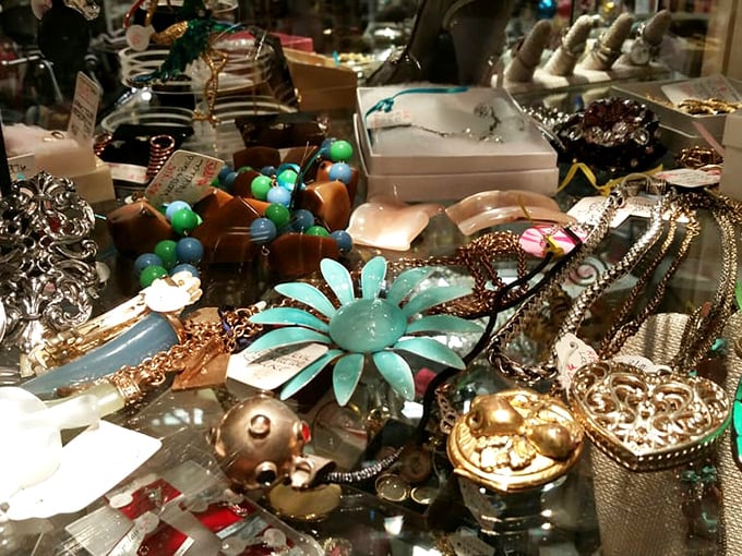 Costume jewelry that sparkles with possibilities. That turquoise flower brooch is practically screaming to become someone's "vintage find" humble-brag.