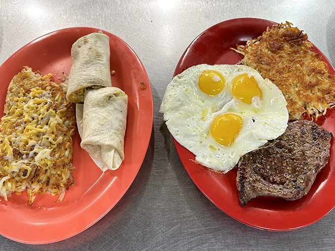 When breakfast looks like this, who needs lunch? Hash browns crisped to perfection, eggs sunny-side up, and a burrito that means business.