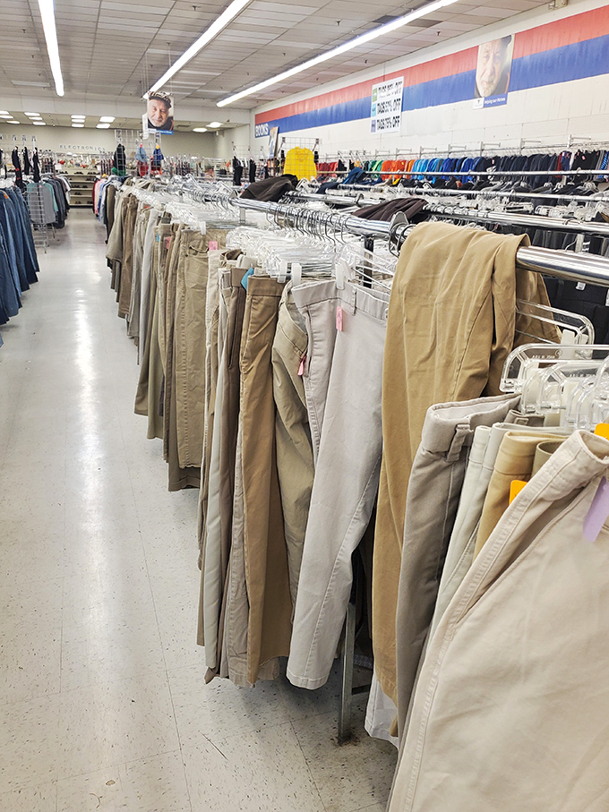 The pants parade stands at attention. From khakis to corduroys, this color-coordinated collection makes finding your size surprisingly civilized.