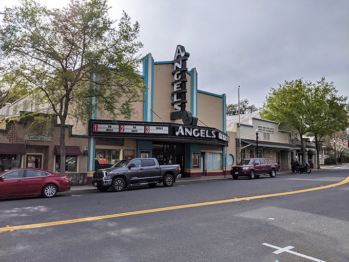 The iconic Angels Theatre marquee stands as a beacon of entertainment in this Gold Country town, a nostalgic reminder of simpler times.