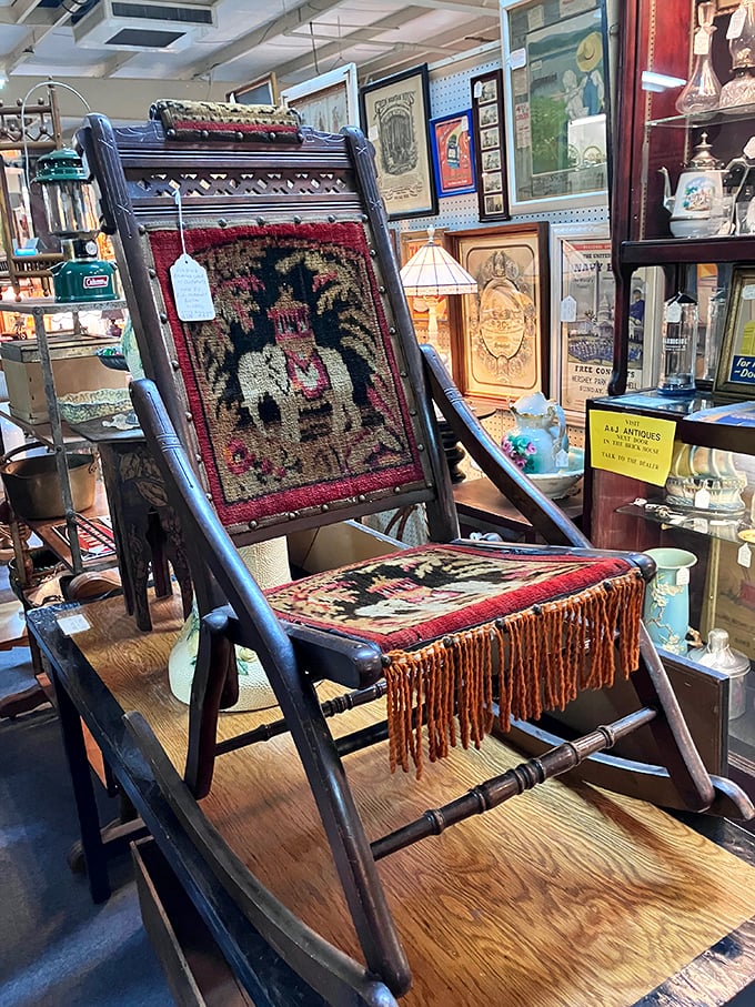 This Victorian rocking chair with its intricate tapestry isn't just furniture&mdash;it's a time machine with armrests and character.