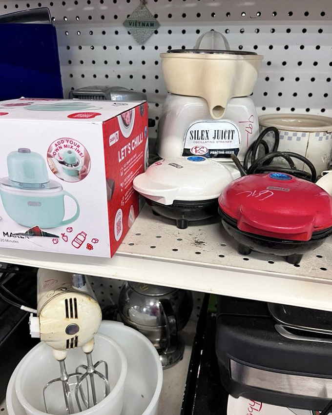 Kitchen gadget graveyard or culinary resurrection? That vintage Silex juicer probably made OJ for someone's grandparents on their honeymoon.