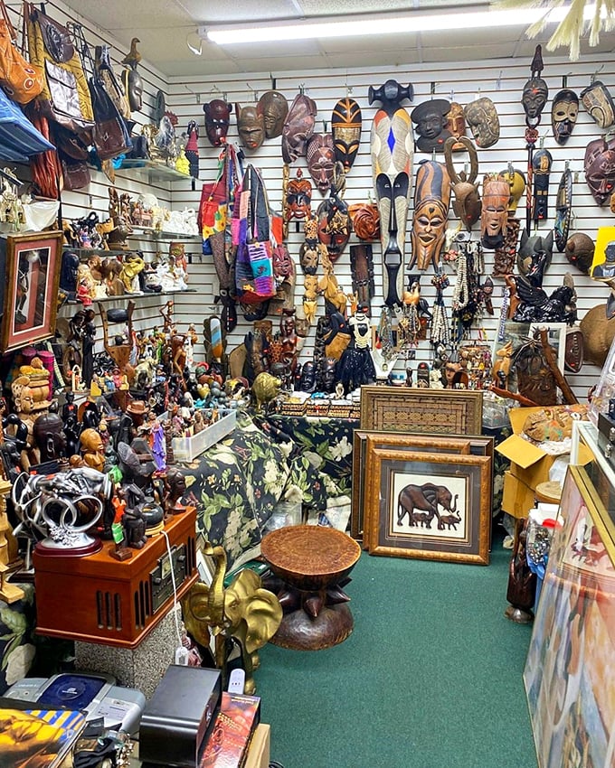 Cultural artifacts create a mini-museum experience where every mask tells its own ancient story.