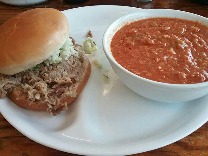 The barbecue sandwich and Brunswick stew combo: proof that sometimes the best partnerships aren't in Hollywood but on your plate.
