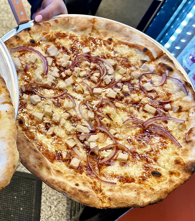 BBQ chicken pizza with those perfect red onion rings&mdash;proof that Italy and American BBQ can have a delicious love child.