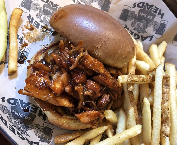 BBQ chicken that's had a proper introduction to smoke and sauce. Nestled in a bun with fries standing by, it's comfort food elevated.