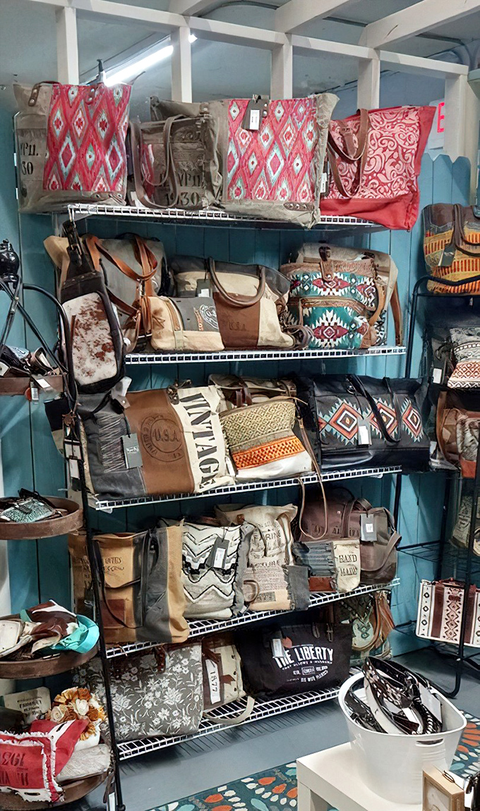 Southwestern patterns and repurposed materials transform ordinary bags into wearable art, each with its own unique character and history.