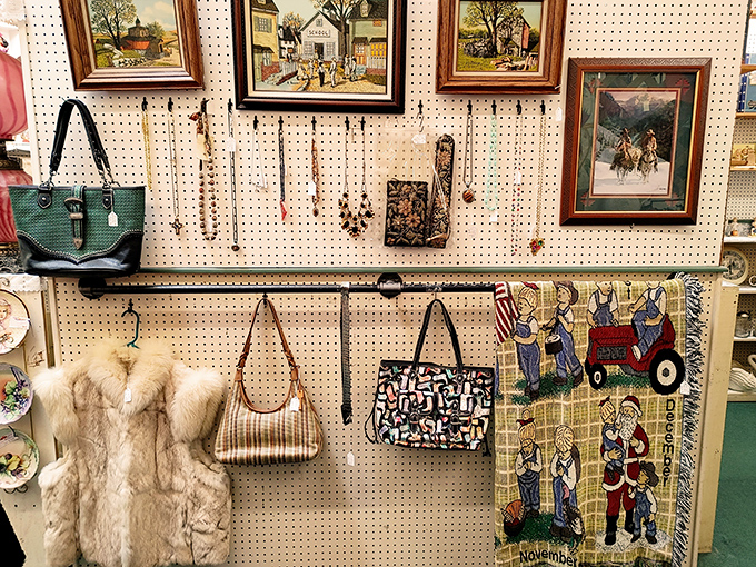 Fashion history hanging on pegboard walls. That fur vest has stories to tell, while those vintage handbags are begging for a second life.