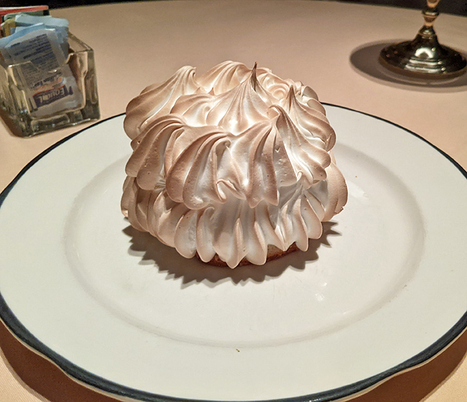 The Baked Alaska stands tall and proud, its toasted meringue peaks resembling a delicious snow-capped mountain waiting to be conquered.