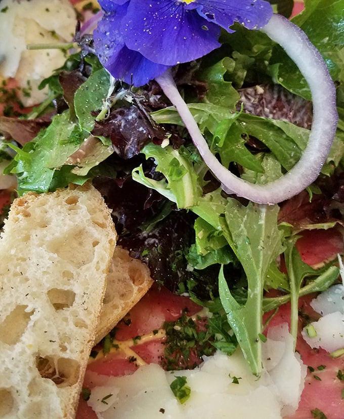 Carpaccio that practically whispers "civilization has arrived" in rural California, with peppery arugula and shaved cheese playing perfect supporting roles.