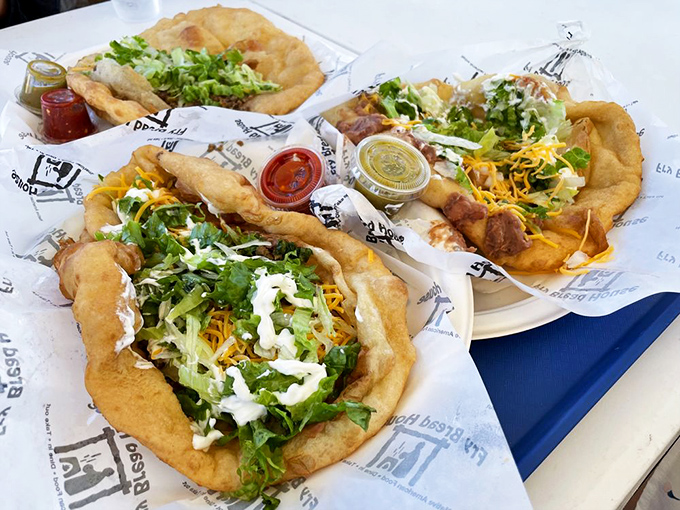 A trio of tacos that puts the "art" in "culinary artform" &ndash; each one a masterpiece of texture and flavor on pillowy fry bread.