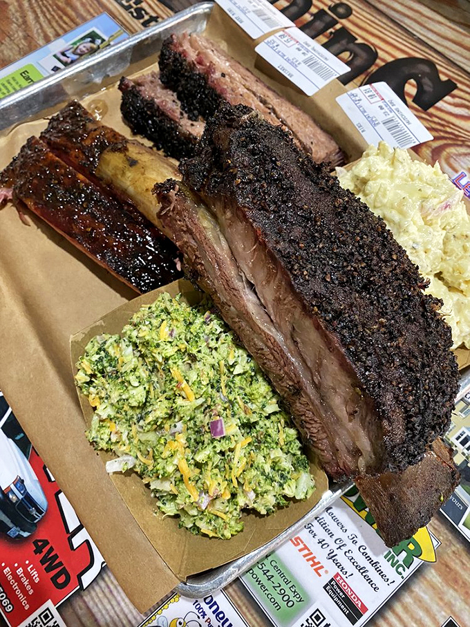 Beef ribs with broccoli slaw&mdash;nature's perfect balance. One bite of this dinosaur bone will make you understand why cavemen were so happy.