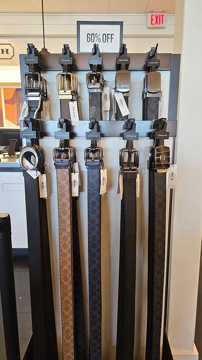 Coach belts lined up like soldiers, ready to perform the heroic duty of holding up pants while simultaneously elevating your entire wardrobe.