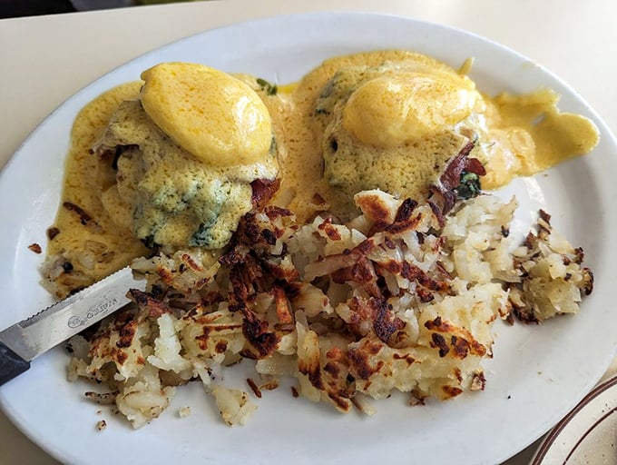 Eggs Benedict gets the royal treatment here, with perfectly poached eggs and hash browns that steal the show.